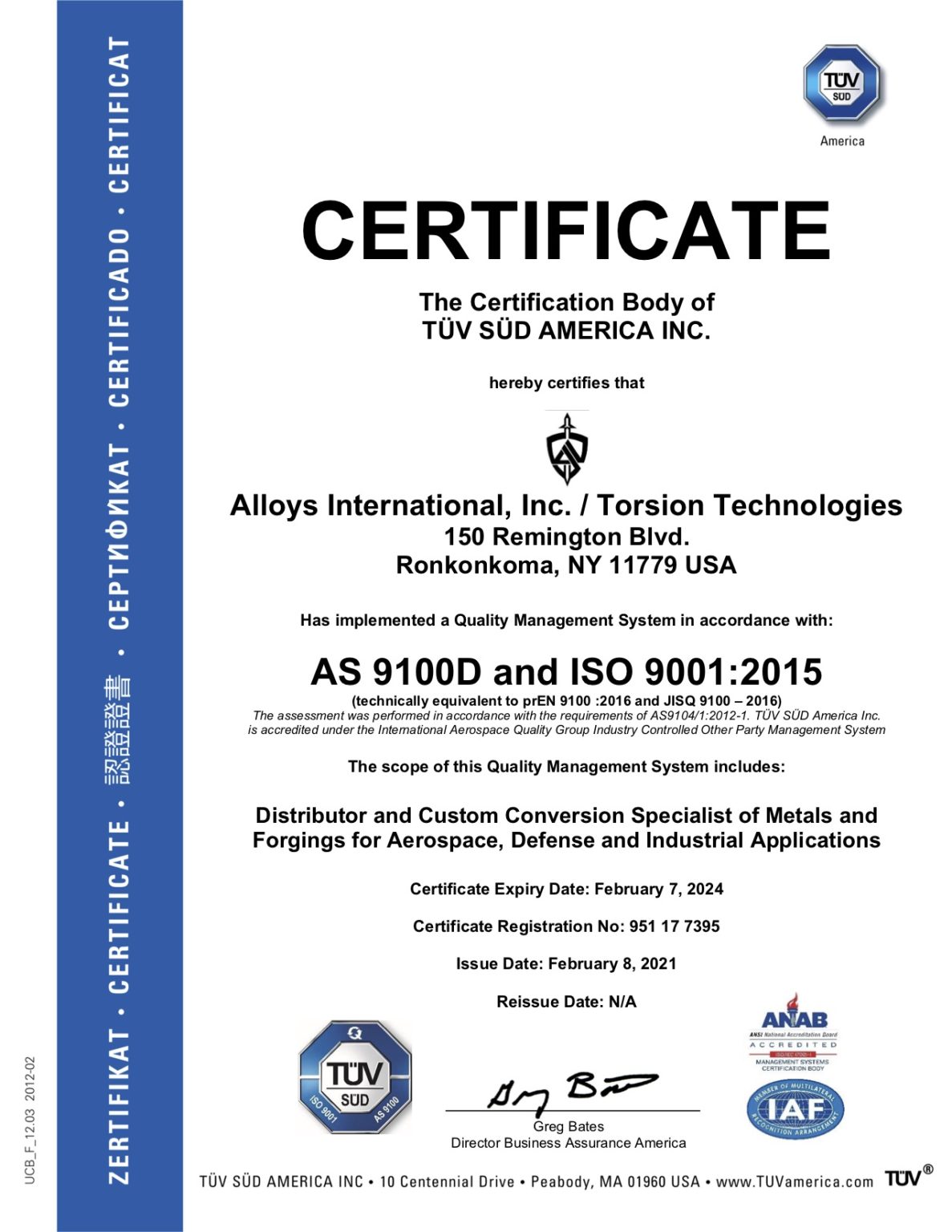AS9100D & ISO 9001:2015 Certified | Alloys International, Inc.
